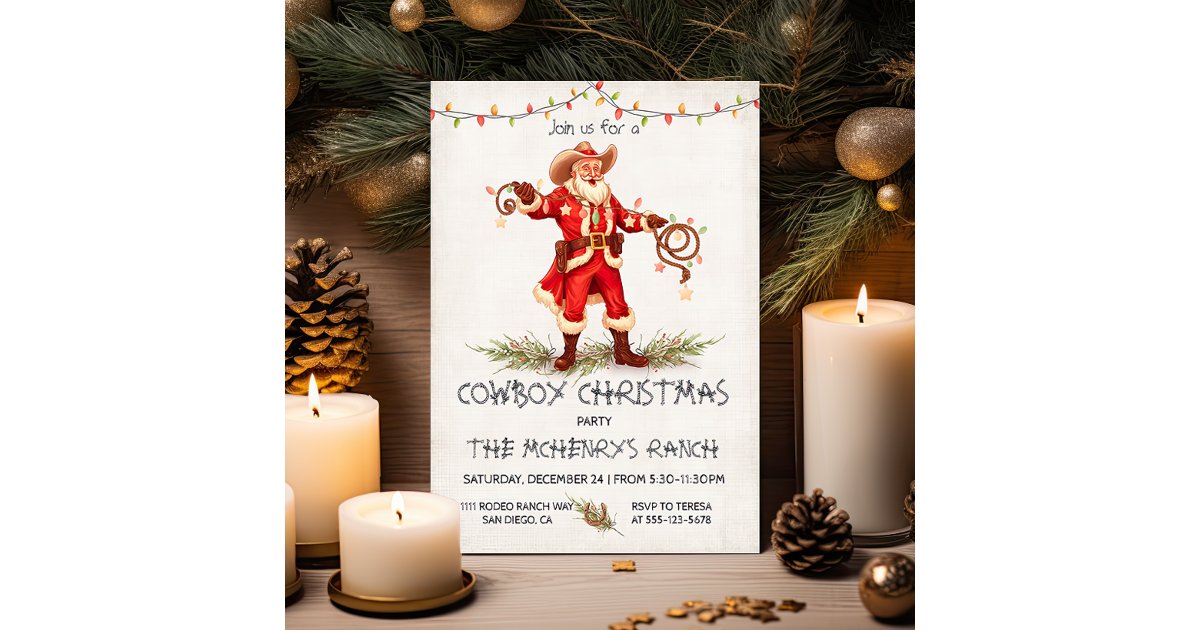 Cowboy Santa Christmas lasso lights Invitation | Zazzle