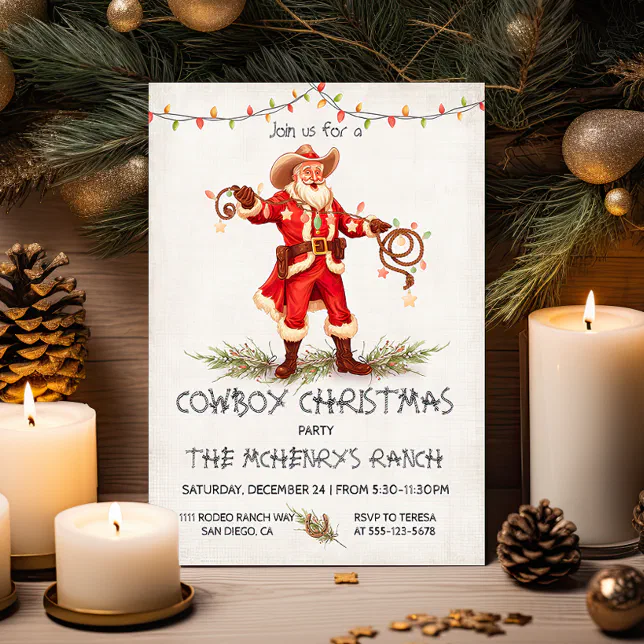 Cowboy Santa Christmas lasso lights Invitation | Zazzle