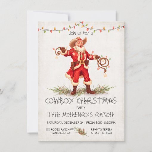 Cowboy Santa Christmas lasso lights Invitation | Zazzle