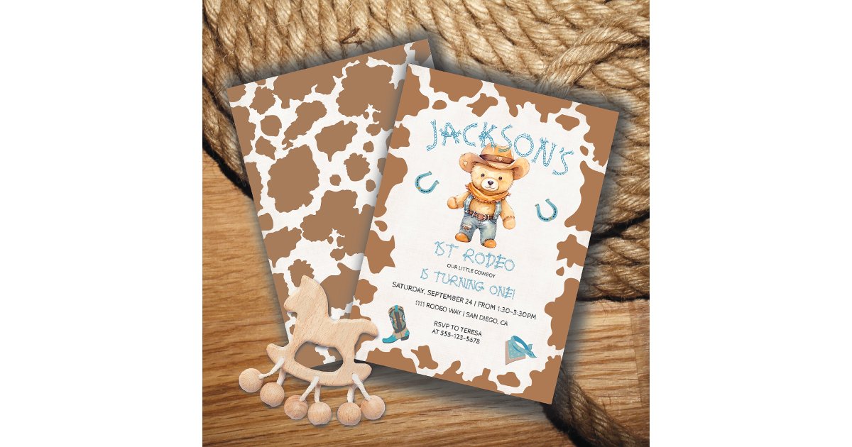 Cowboy Teddy Bear 1st Rodeo Cow pattern Birthday Invitation | Zazzle