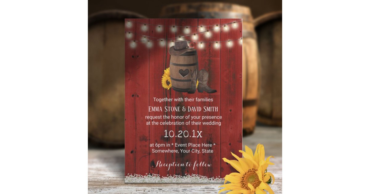 Cowboy Wedding Rustic Sunflower Red Barn Wood Invitation | Zazzle