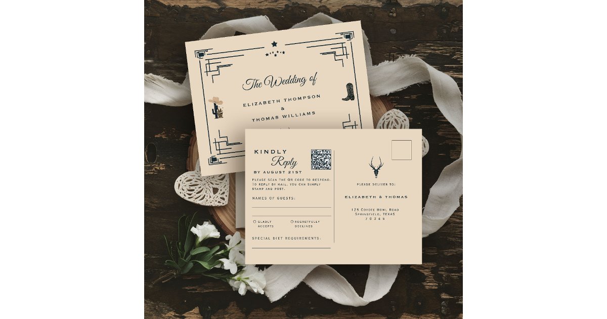 Cowboy Wedding Vintage Western QR Code RSVP Postcard | Zazzle