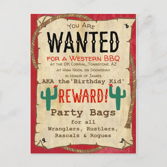Cowboy Western BBQ Birthday Party Wanted Poster Invitation Postcard ...