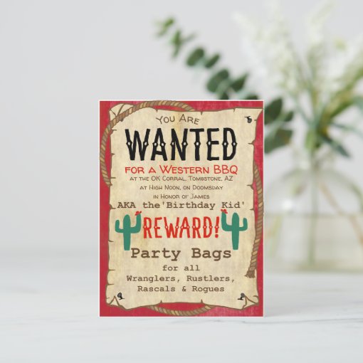 Cowboy Western BBQ Birthday Party Wanted Poster Invitation Postcard ...