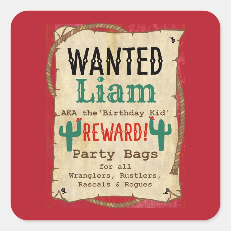 Cowboy Western BBQ Birthday Party Wanted Poster Square Sticker | Zazzle