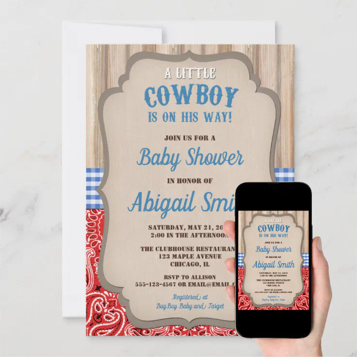 Cowboy western blue red bandana rustic baby shower invitation | Zazzle