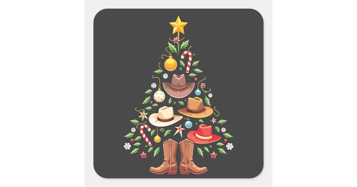 Cowboy Western Christmas Tree Santa Square Sticker | Zazzle