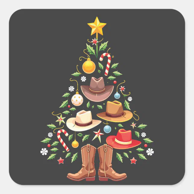 Cowboy Western Christmas Tree Santa Square Sticker | Zazzle