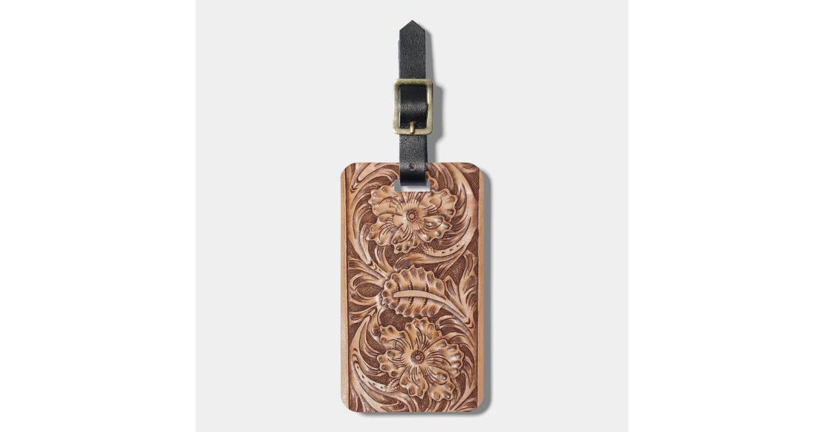 cowboy western country pattern tooled leather luggage tag | Zazzle