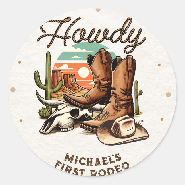 Cowboy Western Rodeo Birthday Kids Classic Round Sticker | Zazzle