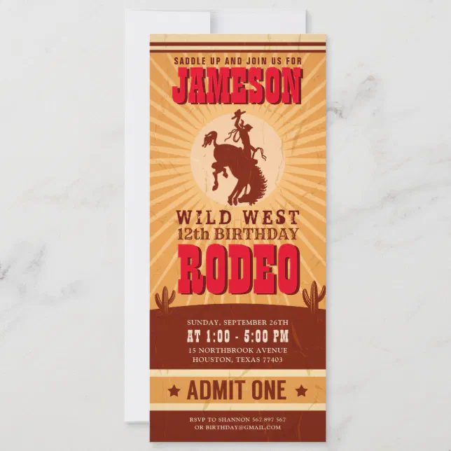 Cowboy Western Rodeo Birthday Ticket Pass Invitation | Zazzle