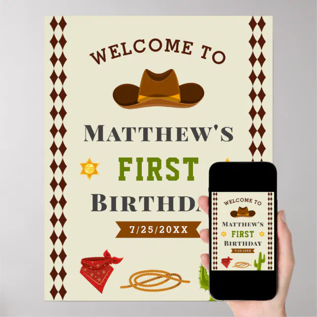 Cowboy Western Saloon Baby Boy Birthday Welcome Poster | Zazzle