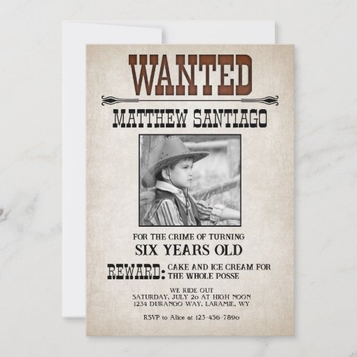 Cowboy Western Wanted Birthday Invitation | Zazzle