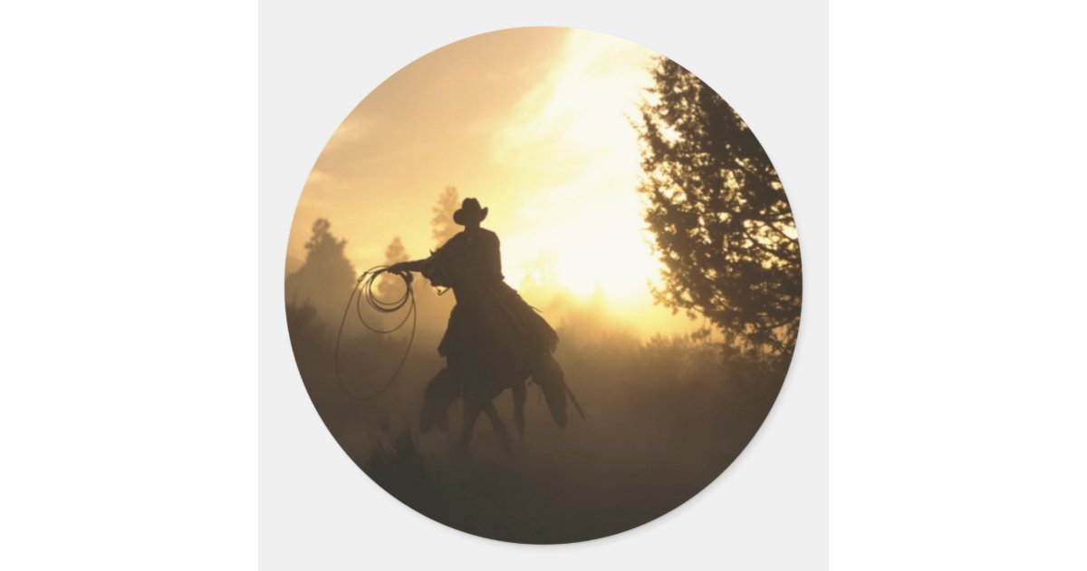Cowboy with Lasso in Sunset Classic Round Sticker | Zazzle