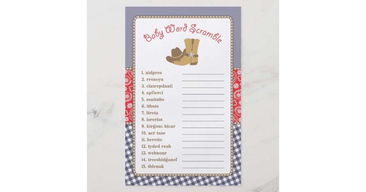 Cowboy Word Scramble Baby Shower Game Flyer | Zazzle