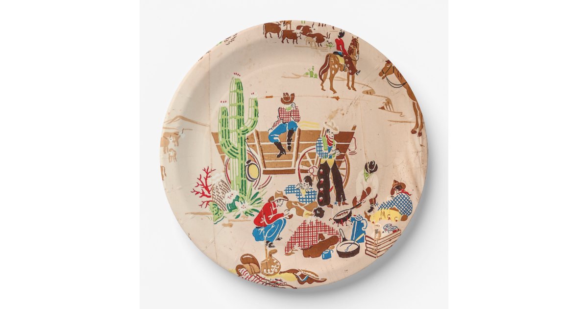 Cowboys - Vintage Wallpaper - Wild West Paper Plates | Zazzle