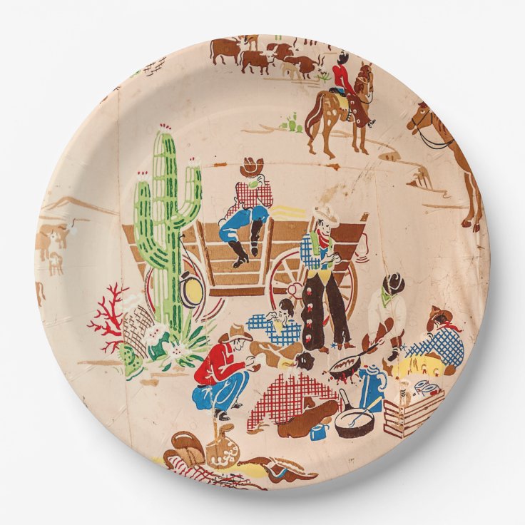 Cowboys - Vintage Wallpaper - Wild West Paper Plates | Zazzle