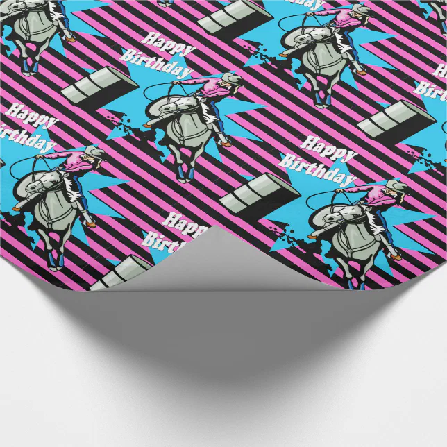 Cowgirl On Horse Barrel Racer Happy Birthday Wrapping Paper | Zazzle