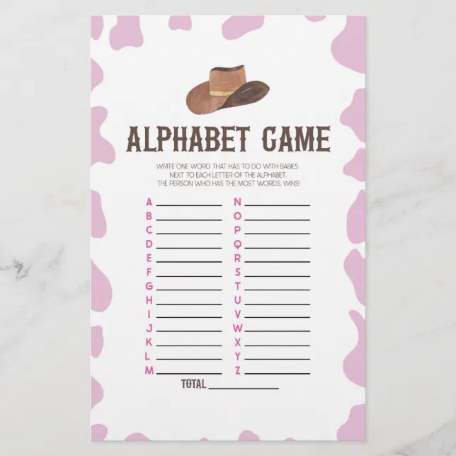 Cowgirl Rodeo Western Alphabet Baby Shower Game Stationery | Zazzle