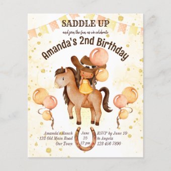 Cowgirl saddle up birthday budget invitation | Zazzle