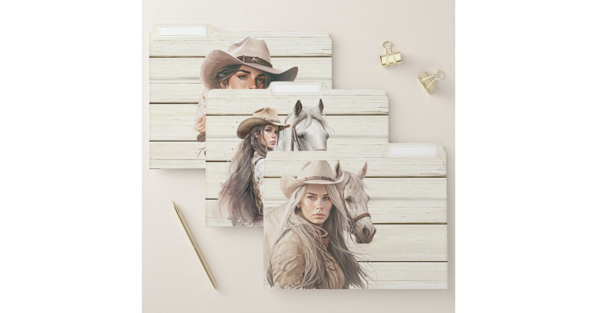 Cowgirls and horse on white woodgrain western file folder | Zazzle