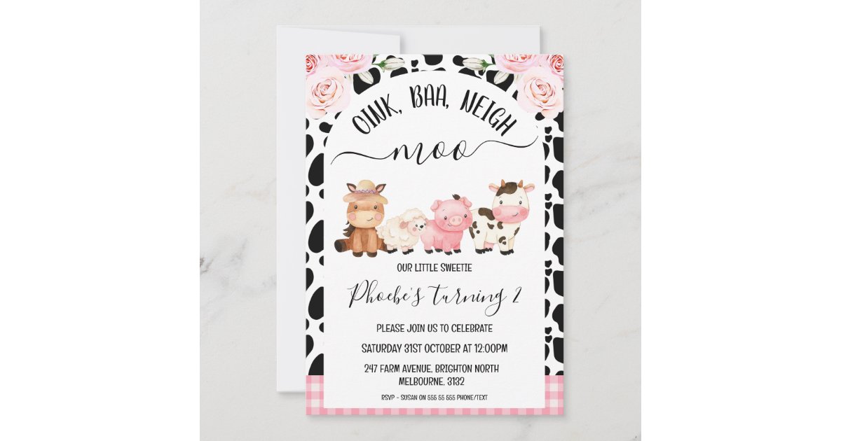 Cowhide Oink Baa Neigh Moo Farm Birthday Invitation | Zazzle