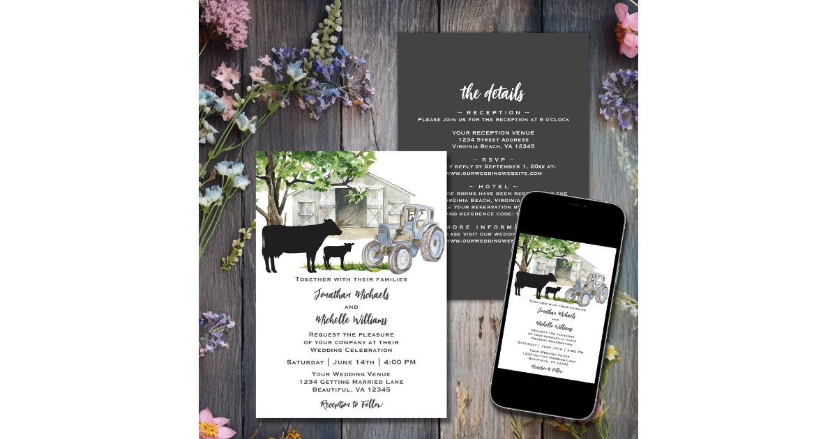 Cows and Tractor Country Farm All in One Wedding Invitation | Zazzle