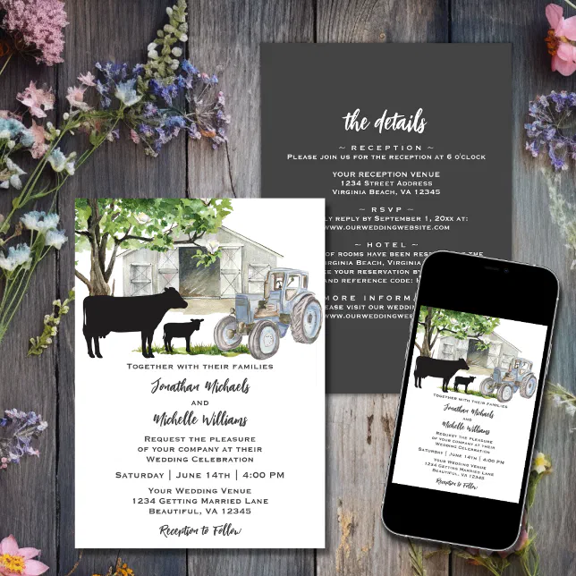 Cows and Tractor Country Farm All in One Wedding Invitation | Zazzle