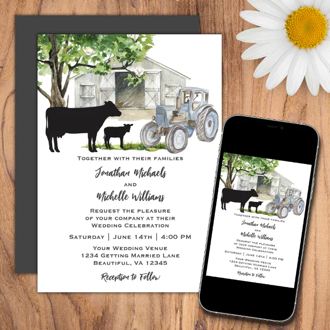 Cows and Tractor Country Farm Wedding Invitation | Zazzle
