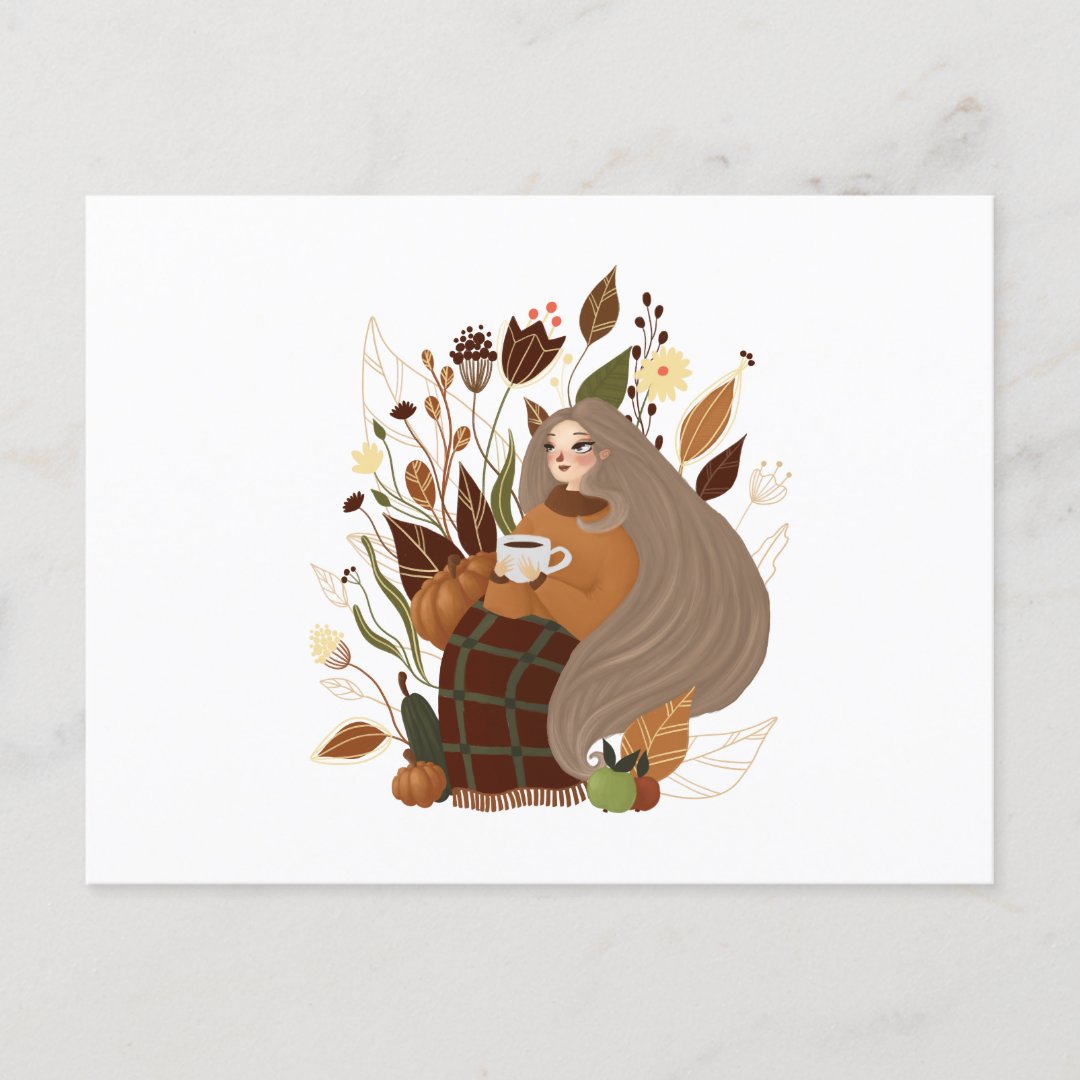Cozy Autumn Girl Postcard | Zazzle
