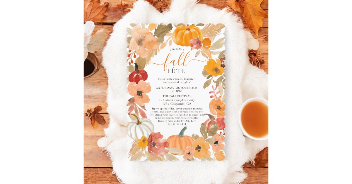 Cozy Autumn Watercolor Pumpkin Floral Fall Fête Invitation | Zazzle