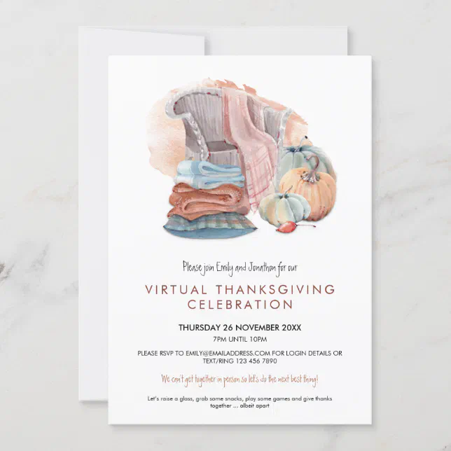 Cozy Blankets Pumpkins Virtual Thanksgiving Party Invitation | Zazzle