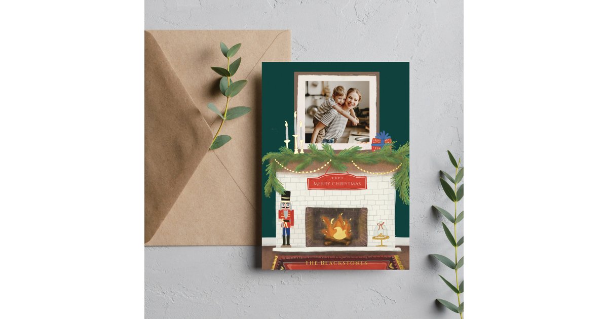 Cozy Christmas Fireplace Illustration With Photo Foil Holiday Card | Zazzle