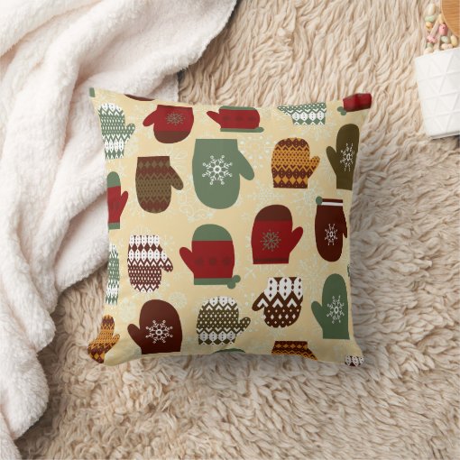 Cozy Christmas Holiday Winter Mittens Throw Pillow | Zazzle
