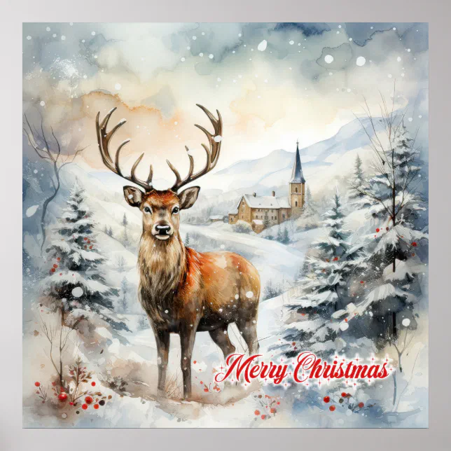 Cozy Christmas winter scene with reindeer Poster | Zazzle