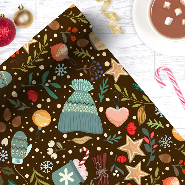Cozy Cocoa and Mittens Cute Holiday Christmas Wrapping Paper | Zazzle