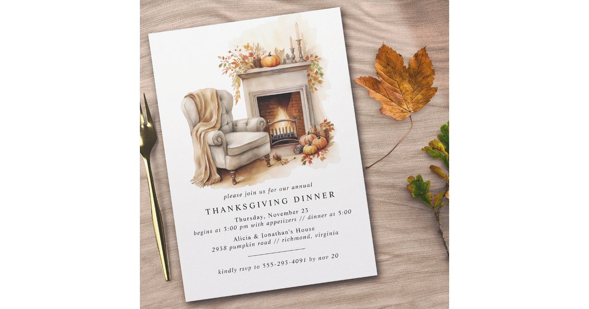 Cozy Fall Fireplace | Cute Modern Thanksgiving Invitation | Zazzle