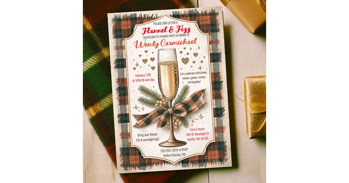 Cozy Festive Flannel and Fizz Bachelorette Party Invitation | Zazzle