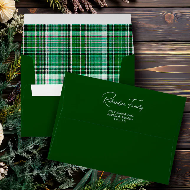 Cozy Green and White Plaid Flannel Pattern Address Envelope | Zazzle