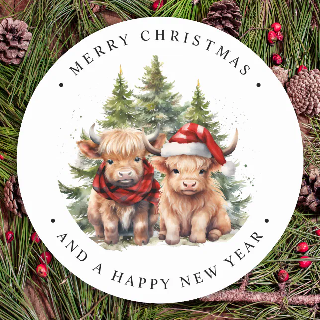 Cozy Highland Cow Farm Animals Merry Christmas Classic Round Sticker ...