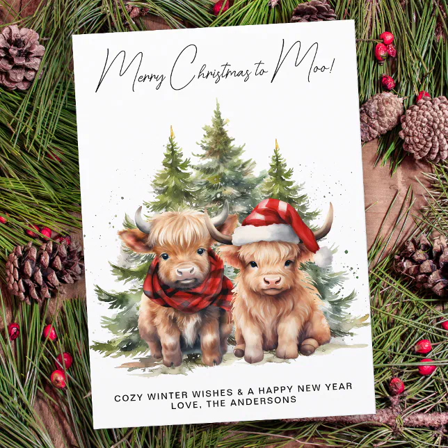 Cozy Highland Cow Farm Animals Merry Christmas Holiday Card | Zazzle
