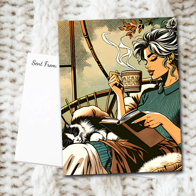 Cozy Lady Reading with Coffee and Cat Postcard | Zazzle