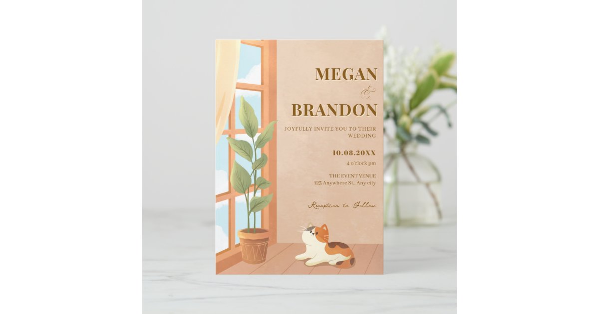 Cozy minimalist cat home wedding invitation | Zazzle