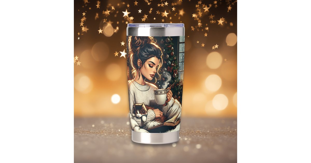 Cozy Scene | Woman Drinking Cocoa with Cat Insulated Tumbler | Zazzle