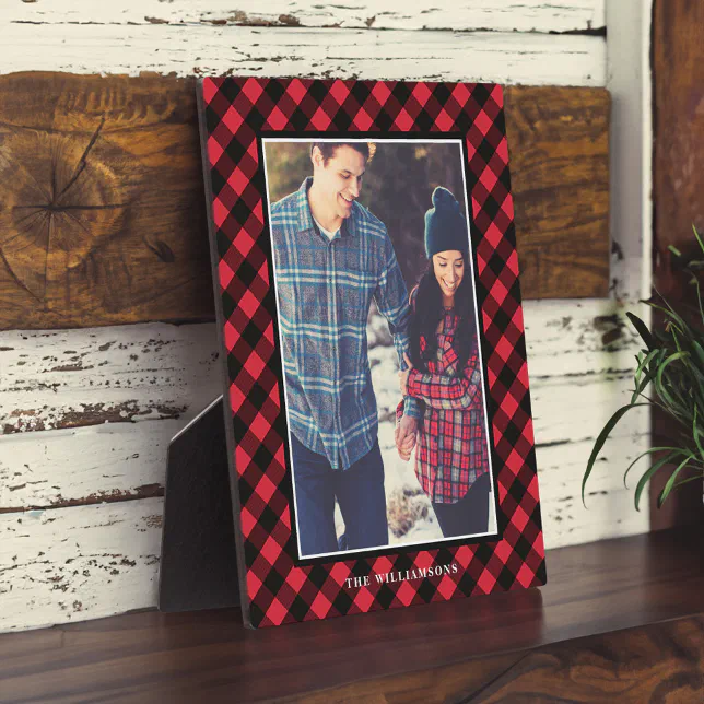 Cozy & Warm | Red Buffalo Plaid Family Photo Frame | Zazzle