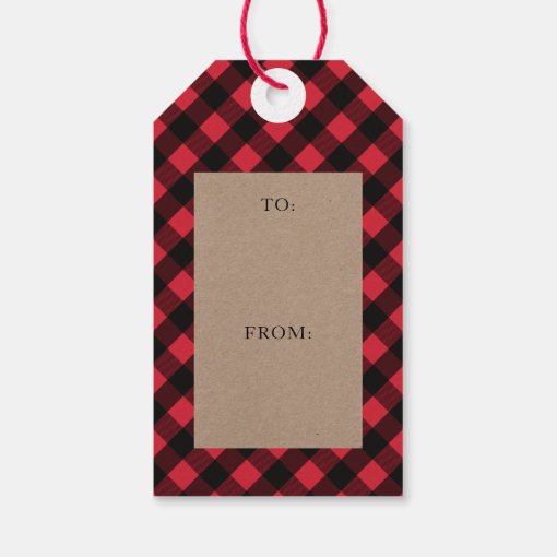 Cozy & Warm | Red Buffalo Plaid Reindeer Monogram Gift Tags | Zazzle