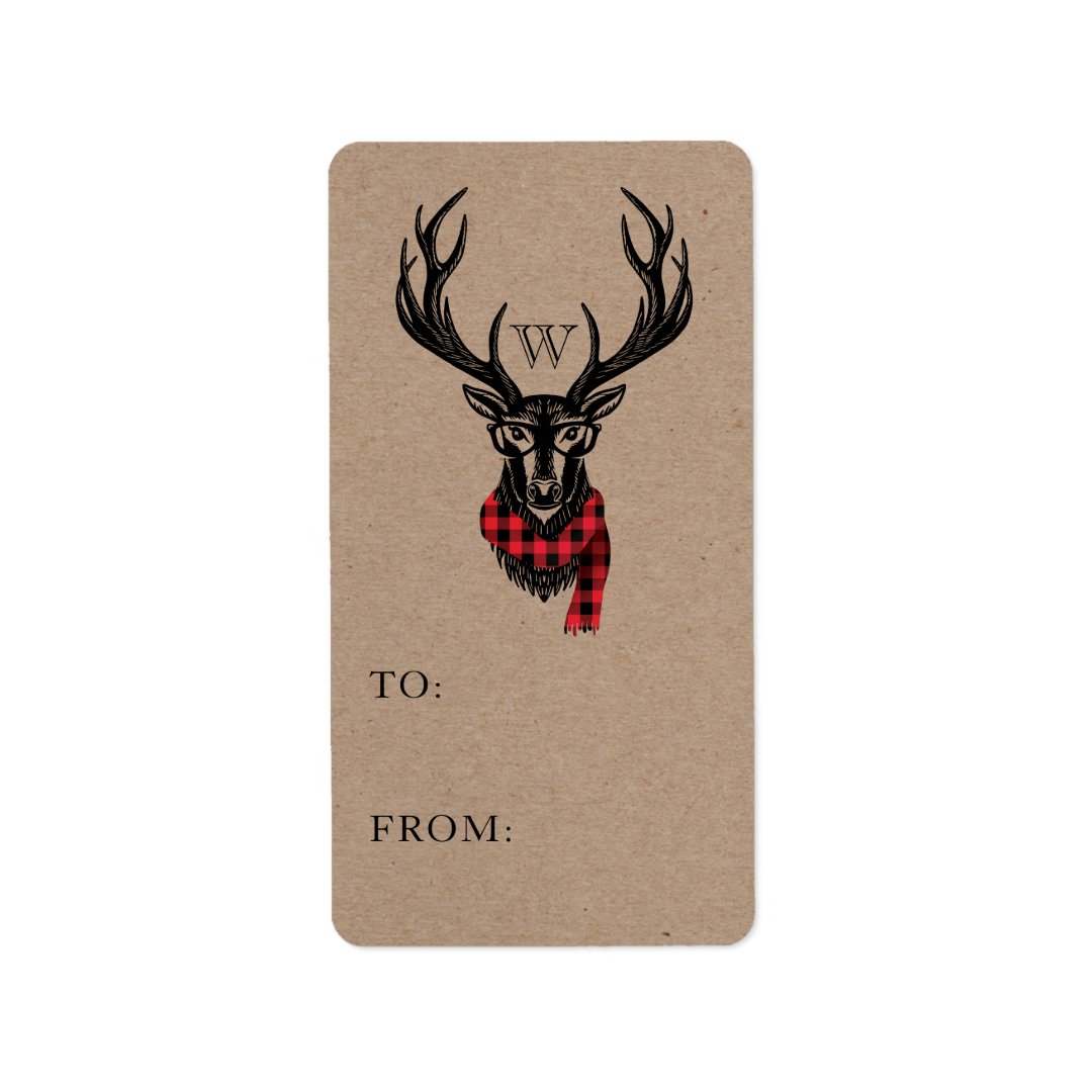 Cozy & Warm | Red Buffalo Plaid Reindeer Monogram Label | Zazzle