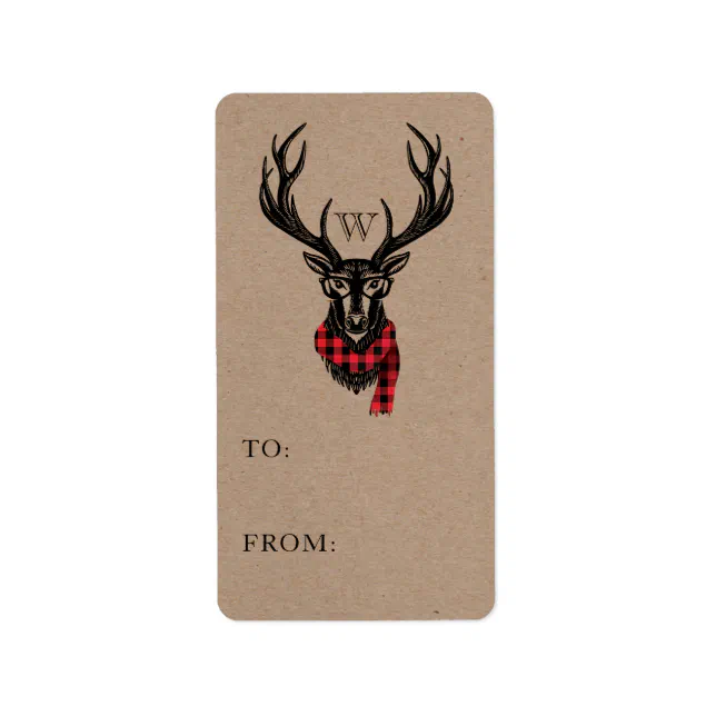 Cozy & Warm | Red Buffalo Plaid Reindeer Monogram Label | Zazzle