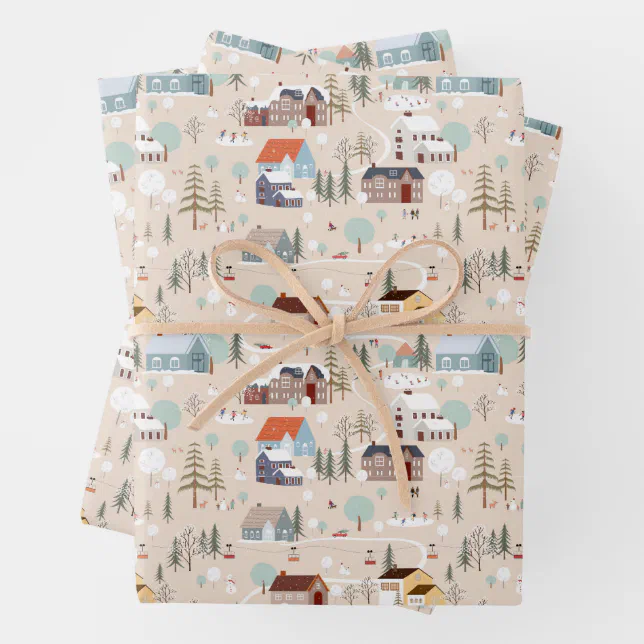 Cozy Winter Village Scene Pattern Wrapping Paper Sheets | Zazzle