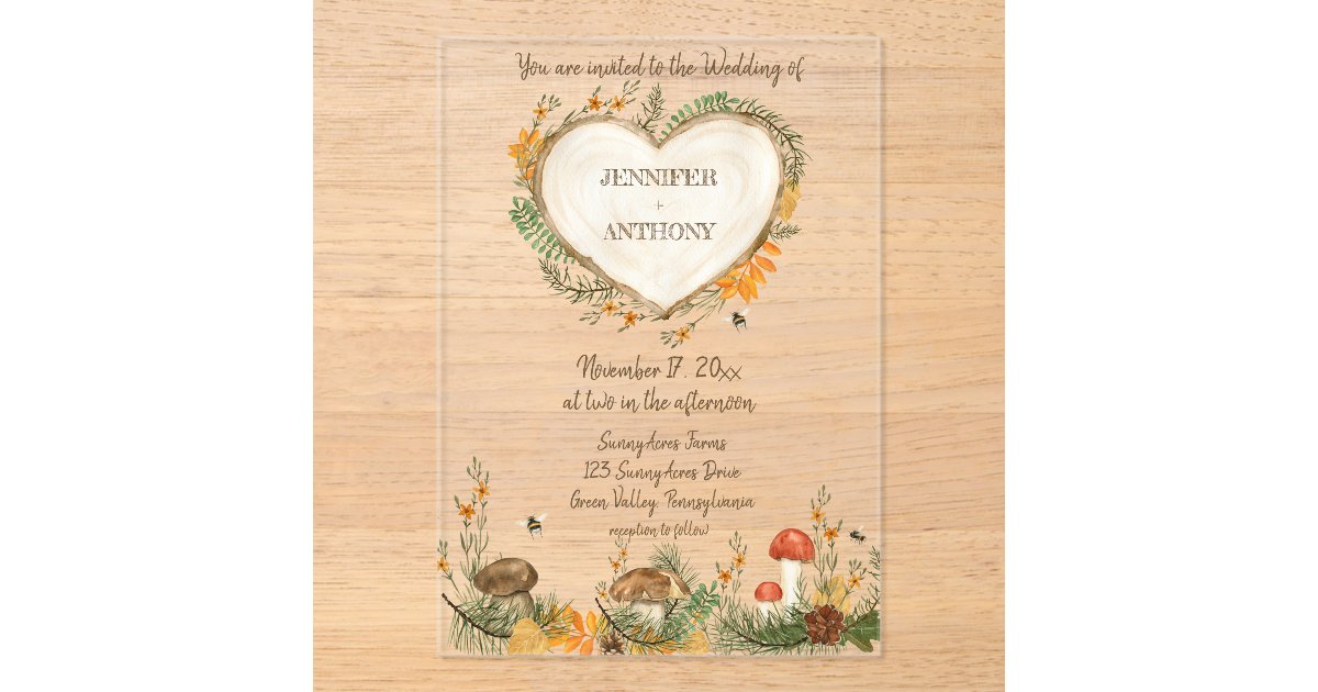 Cozy Woodland Cottagecore Wooden Heart Wedding Acrylic Invitations | Zazzle